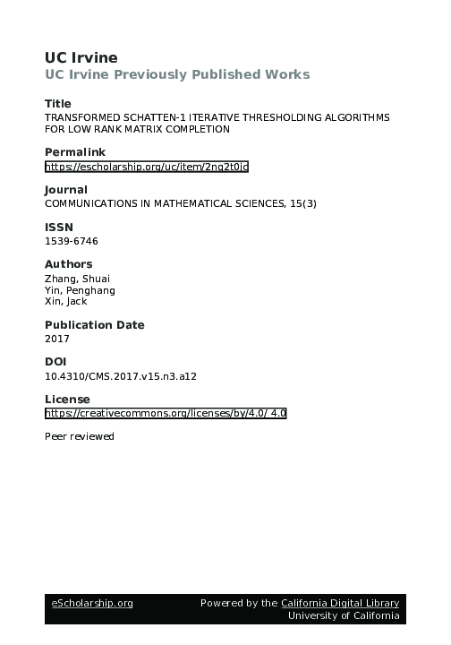 Pdf Transformed Schatten 1 Iterative Thresholding Algorithms For Matrix Rank Minimization And