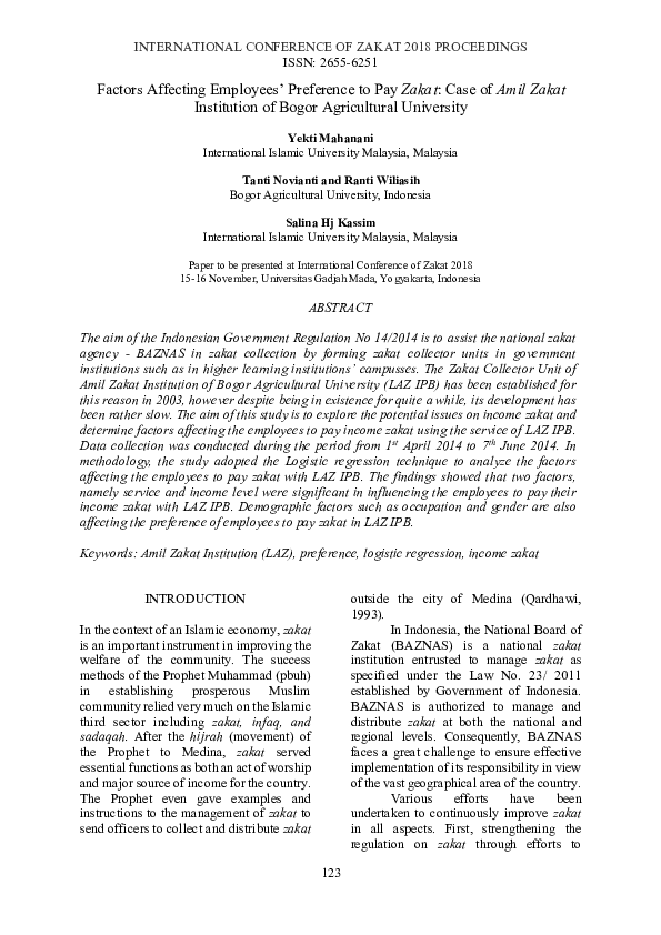 (PDF) Factors Affecting Employees’ Preference to Pay Zakat: Case of Amil Zakat Institution of ...