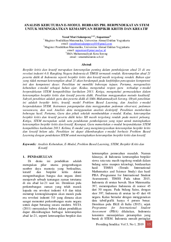(PDF) Analisis Kebutuhan E-Modul Berbasis PBL Berpendekatan Stem