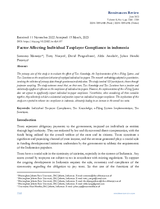 (PDF) Factor Affecting Individual Taxplayer Compliance in indonesia
