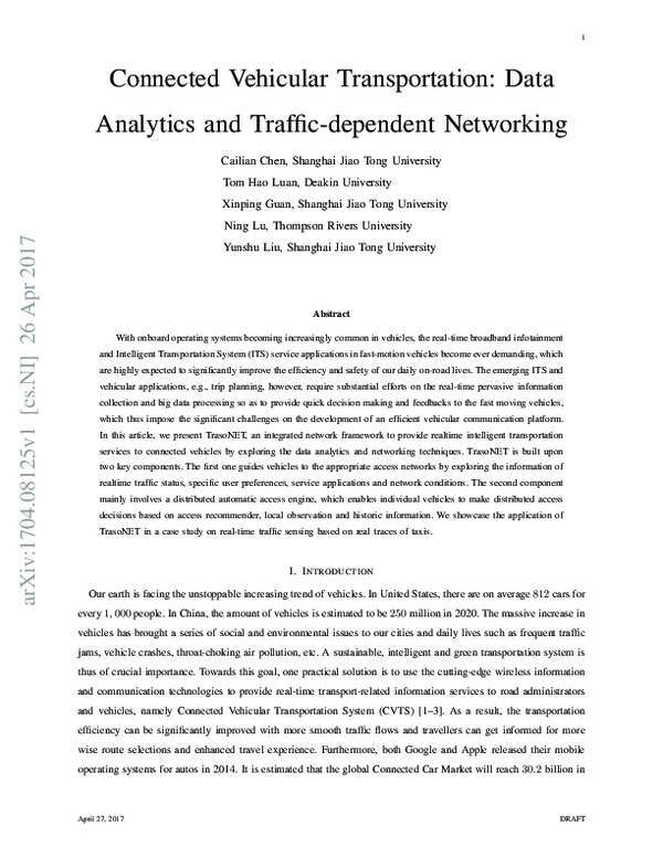 (PDF) Connected Vehicular Transportation: Data Analytics and Traffic-Dependent Networking