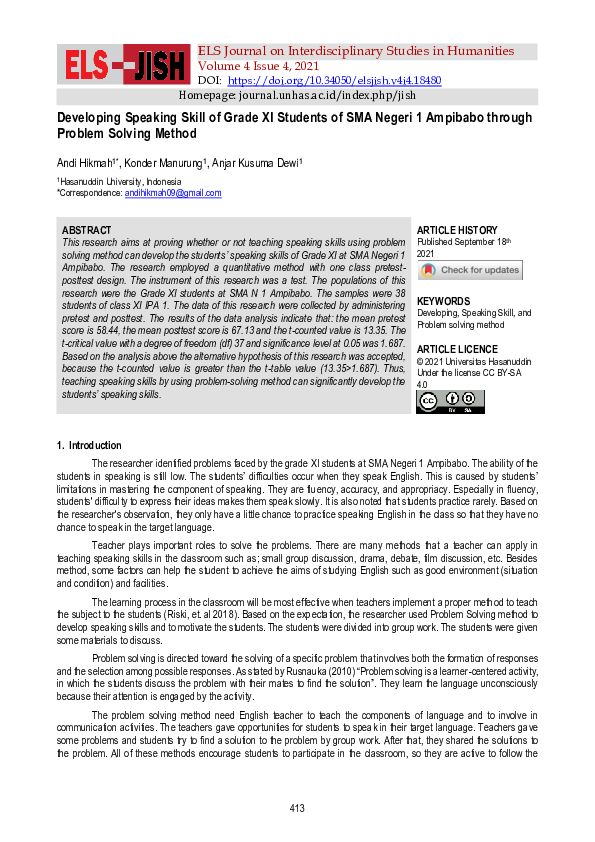 (PDF) Developing Speaking Skill of Grade XI Students of SMA Negeri 1 Ampibabo through Problem ...