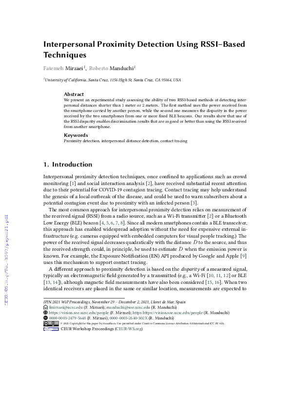 (PDF) Interpersonal Proximity Detection Using RSSI–Based Techniques