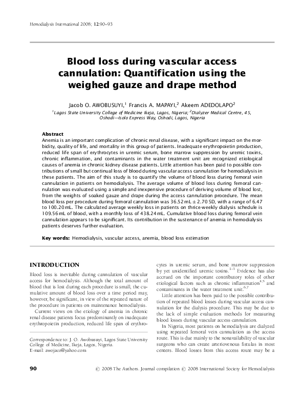 (PDF) Blood loss during vascular access cannulation: Quantification ...