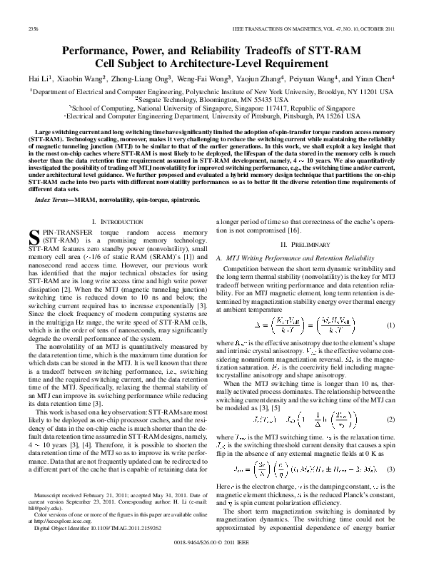 (PDF) Performance, Power, and Reliability Tradeoffs of STT-RAM Cell ...