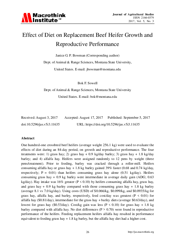 (PDF) Effect of Diet on Replacement Beef Heifer Growth and Reproductive Performance