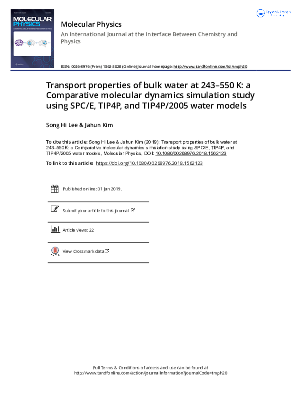 (PDF) Transport properties of bulk water at 243–550 K: a Comparative ...
