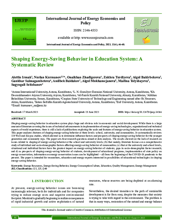 (PDF) Shaping Energy-Saving Behavior in Education System: A Systematic ...