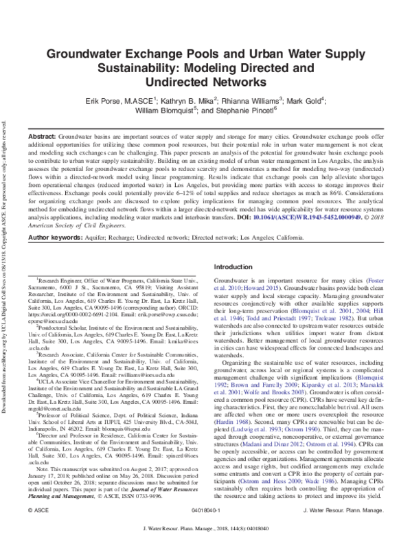 (PDF) Groundwater Exchange Pools and Urban Water Supply Sustainability: Modeling Directed and ...