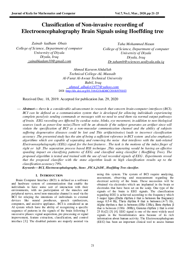 (PDF) Classification of Non-invasive recording of Electroencephalography Brain Signals using ...