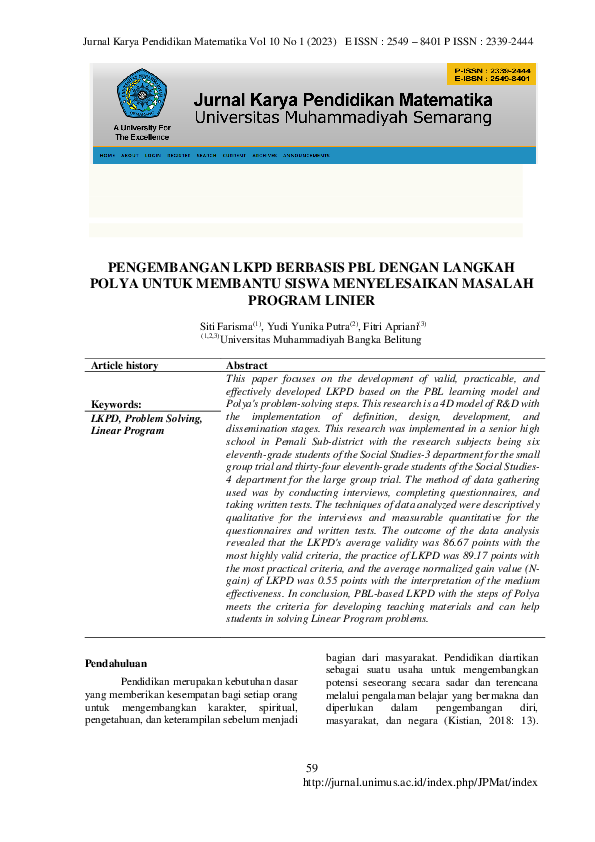 (PDF) Pengembangan LKPD Berbasis PBL Dengan Langkah Polya Untuk Membantu Siswa Menyelesaikan ...