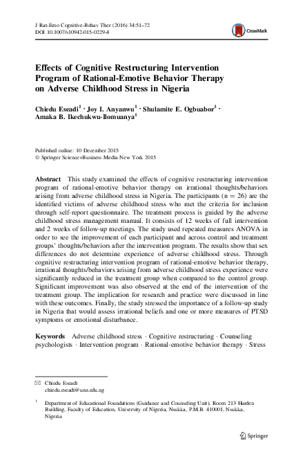 Pdf Effects Of Cognitive Restructuring Intervention Program Of Rational Emotive Behavior