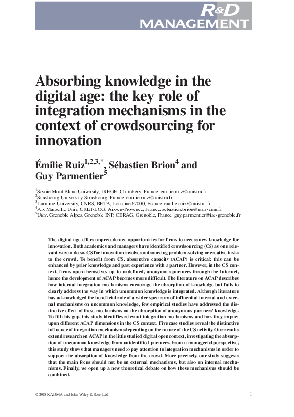 (PDF) Absorbing knowledge in the digital age: the key role of integration mechanisms in the ...