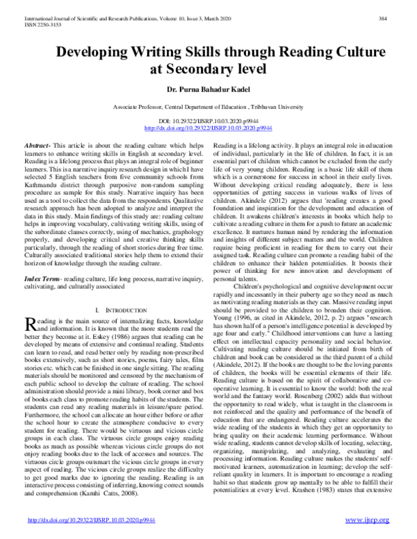 (PDF) Developing Writing Skills through Reading Culture at Secondary level