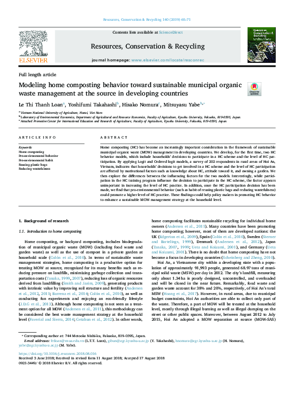 (PDF) Modeling home composting behavior toward sustainable municipal organic waste management at ...