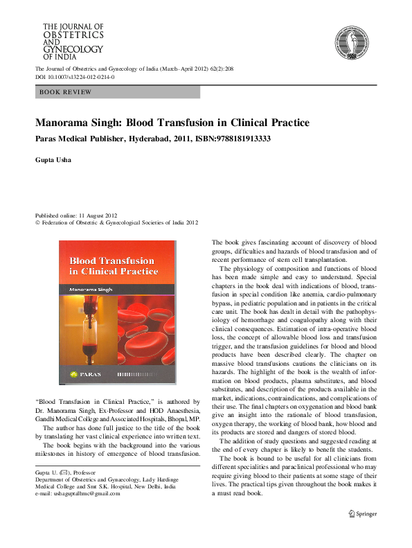 (PDF) Manorama Singh: Blood Transfusion in Clinical Practice