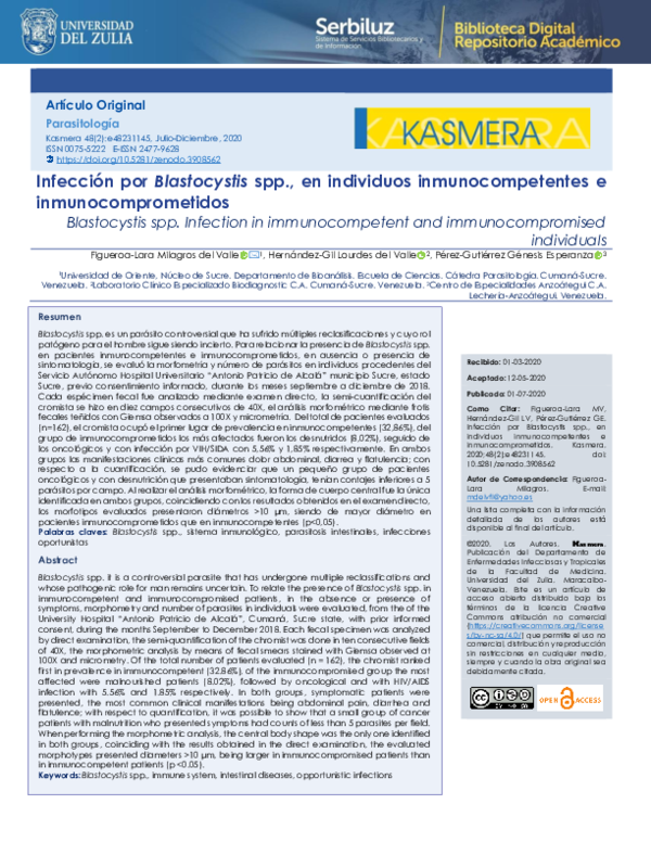 (PDF) Infección por Blastocystis spp., en individuos inmunocompetentes ...