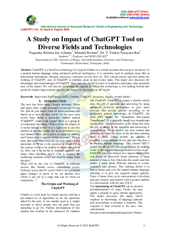 (PDF) A Study on Impact of ChatGPT Tool on Diverse Fields and Technologies