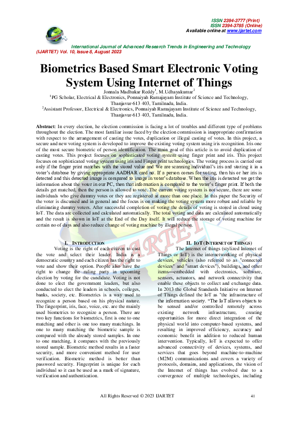 (PDF) Biometrics Based Smart Electronic Voting System Using Internet of Things