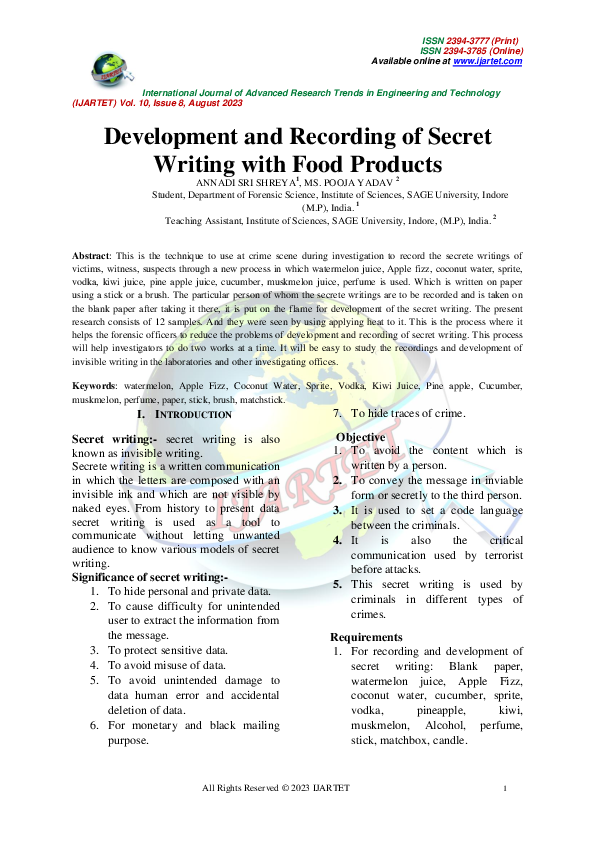 (PDF) Forensic Use of Food Products for Secret Writing
