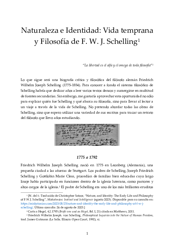 (PDF) Naturaleza e Identidad: Vida temprana y Filosofía de F. W. J. Schelling by Christopher Satoor