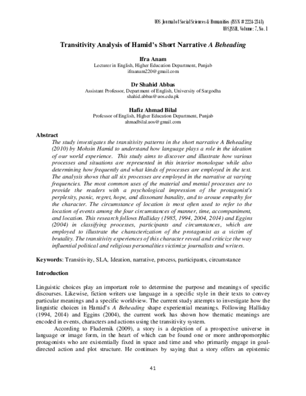 (PDF) Transitivity Analysis of Hamid's Short Narrative A Beheading