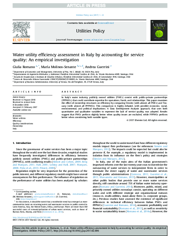 (PDF) Water utility efficiency assessment in Italy by accounting for ...