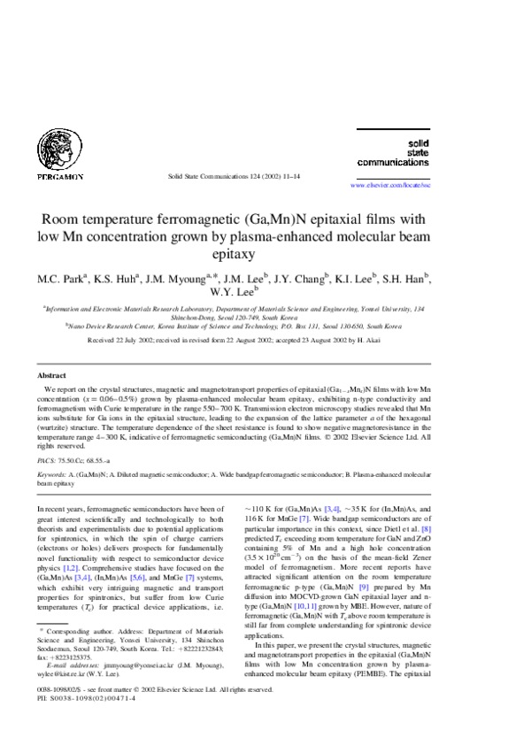 (PDF) Room temperature ferromagnetic (Ga,Mn)N epitaxial films with low Mn concentration grown by ...