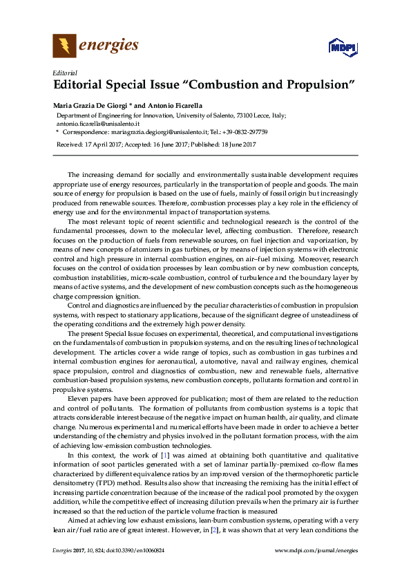 (PDF) Editorial Special Issue “Combustion and Propulsion”