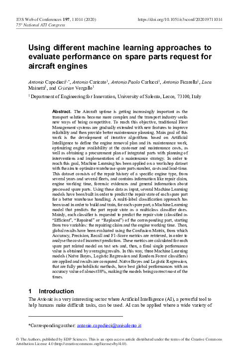 (PDF) Using different machine learning approaches to evaluate performance on spare parts request ...
