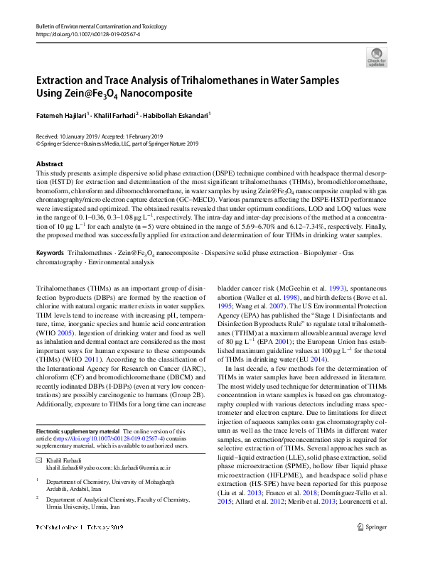 (PDF) Extraction and Trace Analysis of Trihalomethanes in Water Samples Using Zein@Fe3O4 ...