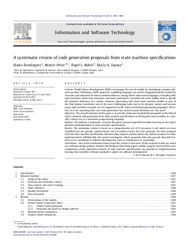 (PDF) A systematic review of code generation proposals from state machine specifications | mari ...