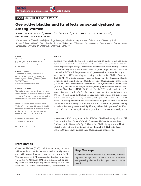 Pdf Overactive Bladder And Its Effects On Sexual Dysfunction Among Women Niyazi Aşkar