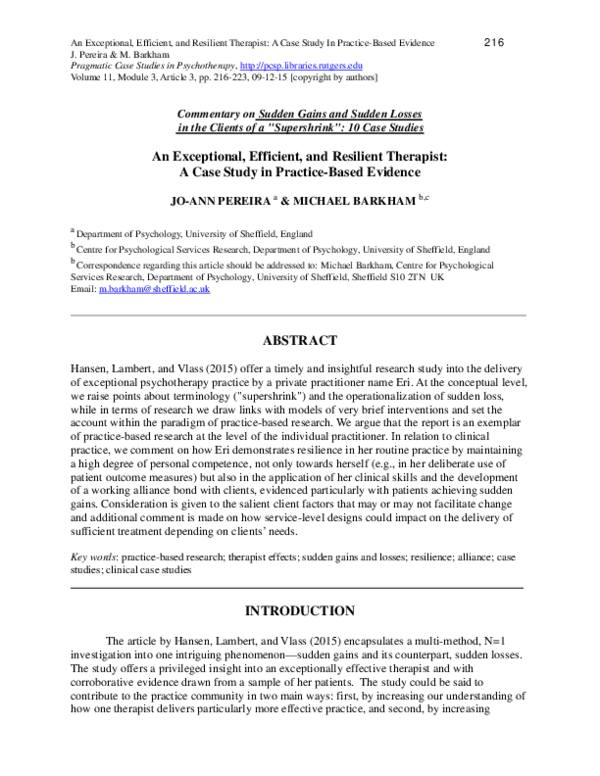 (PDF) An Exceptional, Efficient, and Resilient Therapist: A Case Study in Practice-Based ...
