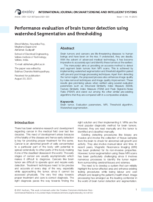 Performance Evaluation Of Brain Tumor Detection Using Watershed Segmentation And Thresholding