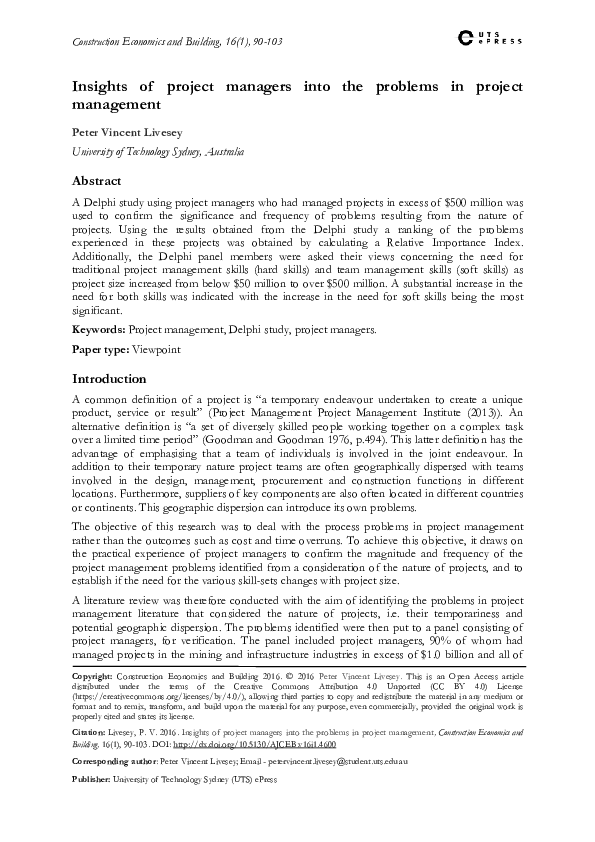 (PDF) Insights of project managers into the problems in project management