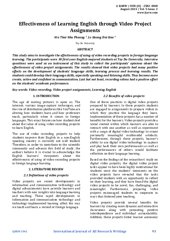 (PDF) Effectiveness of Learning English through Video Project Assignments