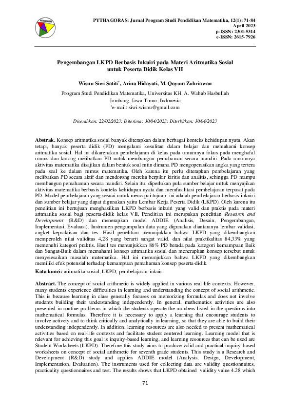 (PDF) Pengembangan LKPD berbasis inkuiri pada materi aritmatika sosial untuk peserta didik Kelas VII