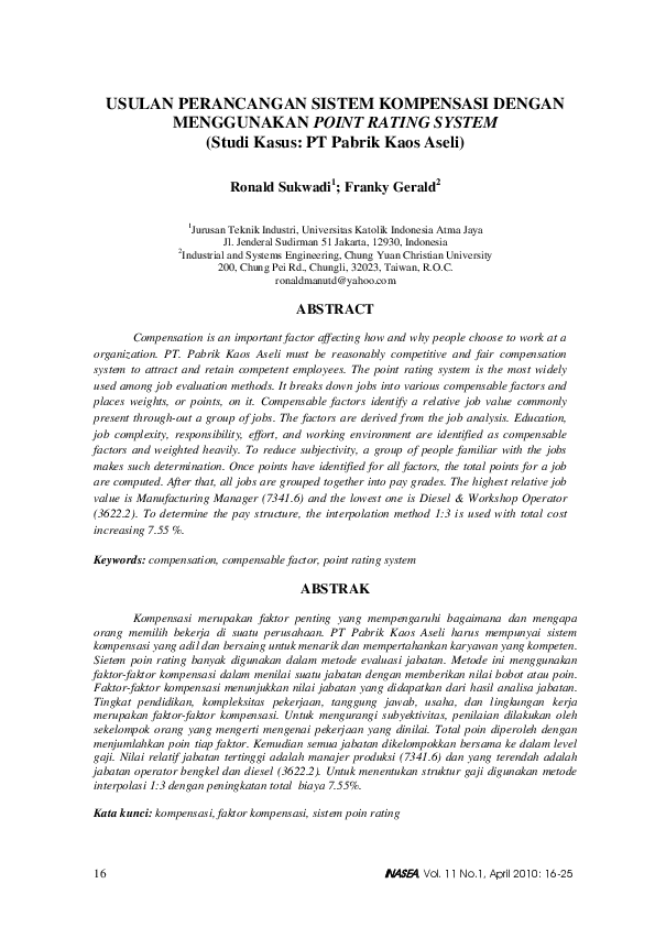 (PDF) USULAN PERANCANGAN SISTEM KOMPENSASI DENGAN MENGGUNAKAN POINT RATING SYSTEM (Studi Kasus ...