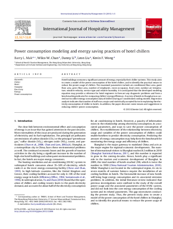 (PDF) Modeling Power Consumption of Hotel Chillers for Energy Savings