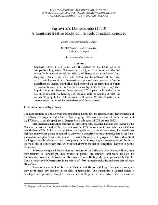 (PDF) Sajnovics’s Demonstratio (1770) A linguistic treatise based on ...