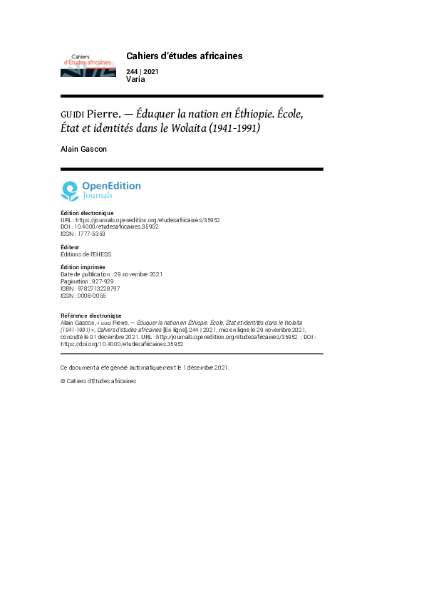 (PDF) Guidi Pierre. — Éduquer la nation en Éthiopie. École, État et ...