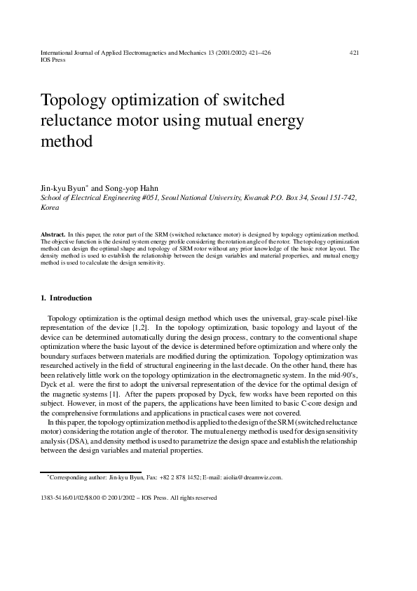 Pdf Topology Optimization Of Switched Reluctance Motors For The