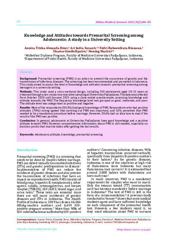 (PDF) Knowledge and Attitudes towards Premarital Screening among Adolescents: A study in a ...