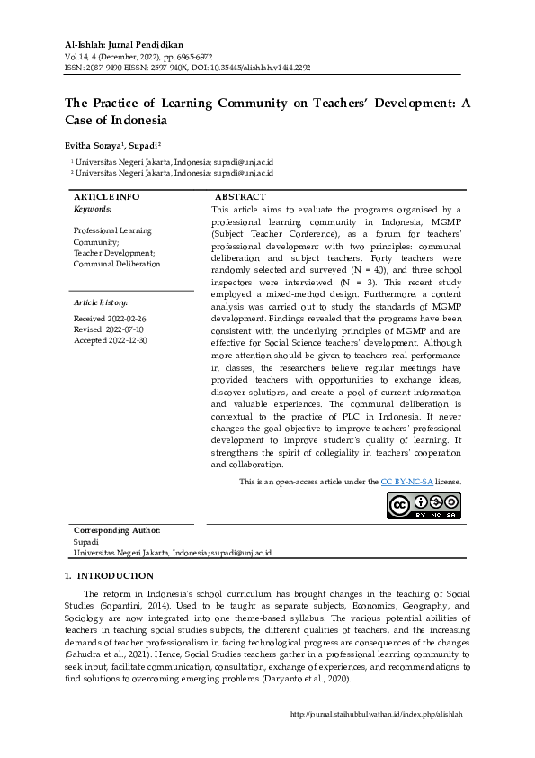 (PDF) The Practice of Learning Community on Teachers’ Development: A Case of Indonesia