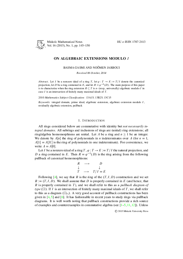(PDF) On algebraic extensions modulo I