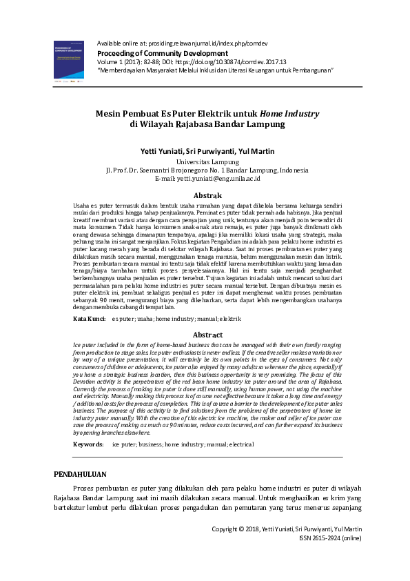 (PDF) Mesin Pembuat Es Puter Elektrik untuk Home Industry di Wilayah Rajabasa Bandar Lampung