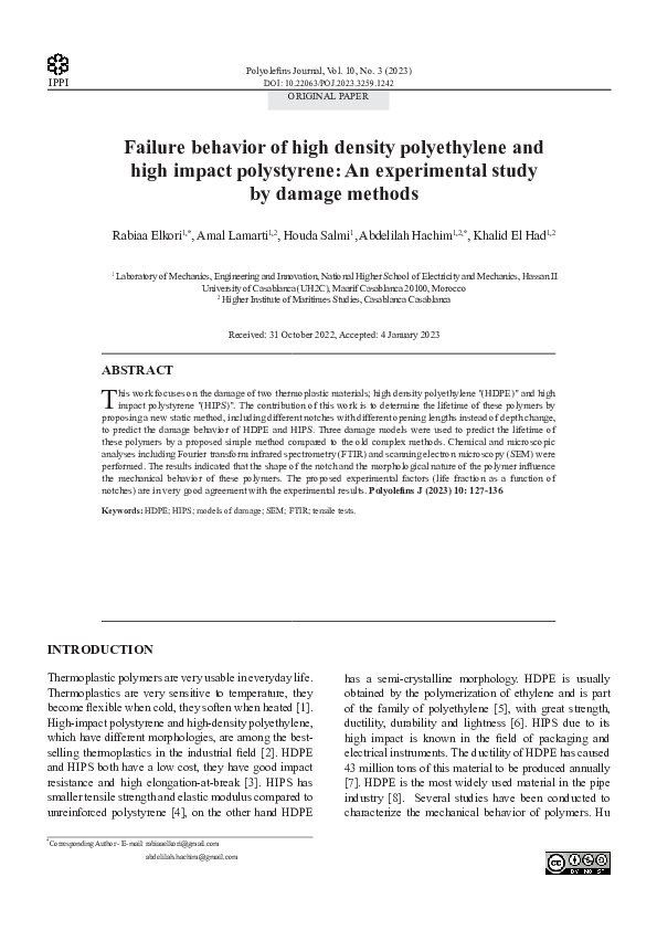(PDF) Failure behavior of high density polyethylene and high impact polystyrene: An experimental ...