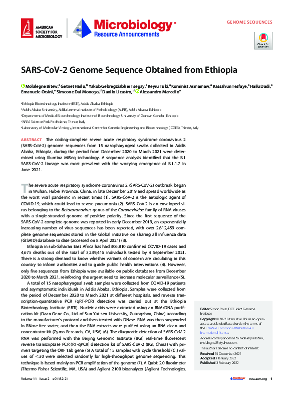 Pdf Sars Cov 2 Genome Sequence Obtained From Ethiopia