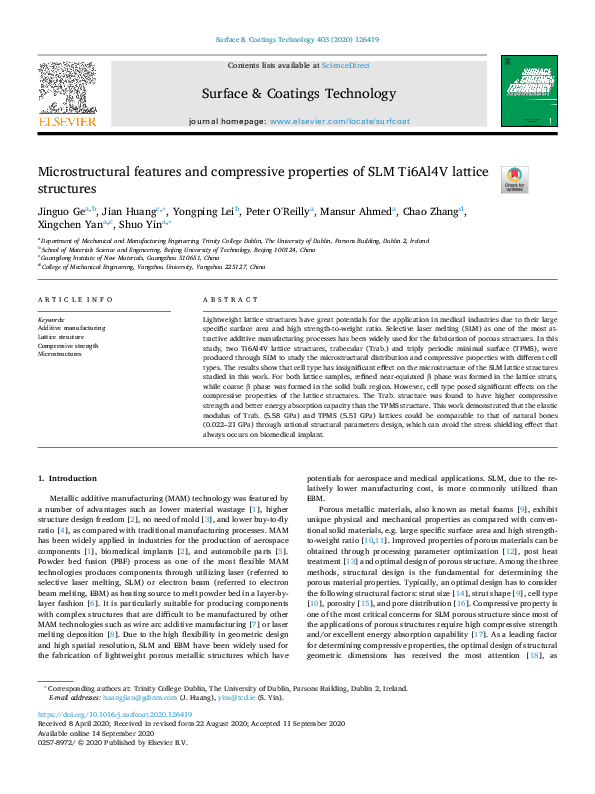(PDF) Microstructural features and compressive properties of SLM Ti6Al4V lattice structures